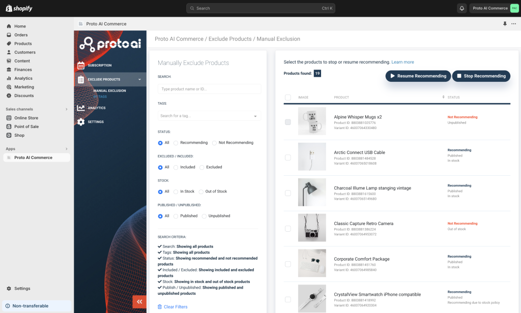 Manage Product Recommendations - Proto AI